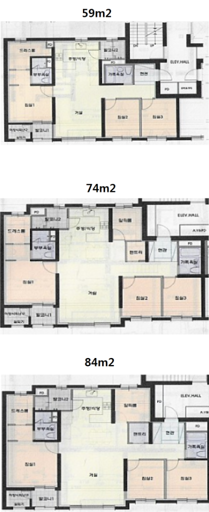 능곡2구역의 이야기 | 평면도도 올립니다 전용면적 59m2, 74m2, 84m2 순서 입니다 조합원